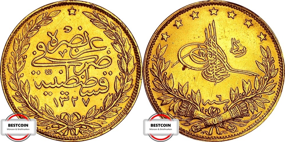 TÜRKEI 100 Kurus 1912 AH 1327, AN 4 - geprägt unter Mehmet V. Resat SS+ Randfehler | MA-Shops