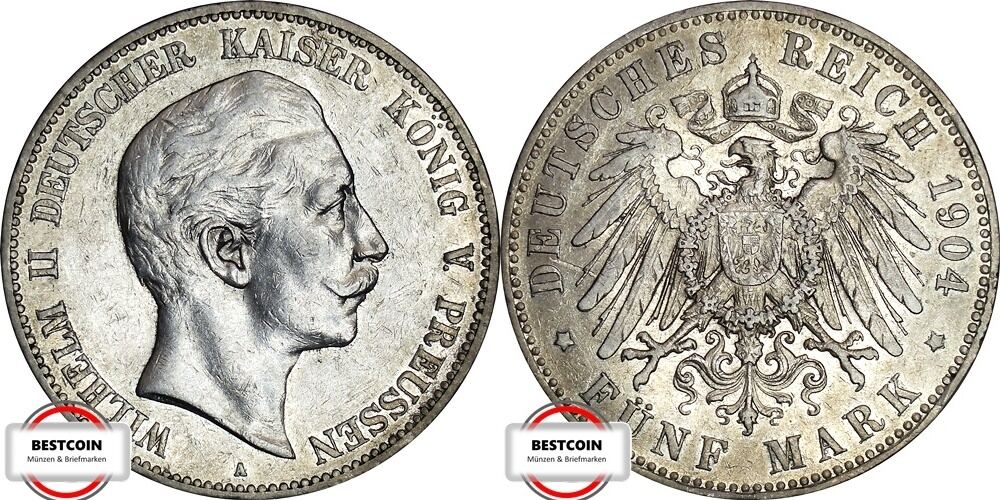 PREUSSEN 5 Mark 1904 A J 104 - geprägt unter Kaiser Wilhelm II. SS+ | MA-Shops