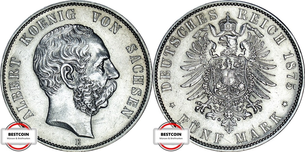 SACHSEN 5 Mark 1875 E J 122 - geprägt unter König Albert - TOP VZ-STG ...