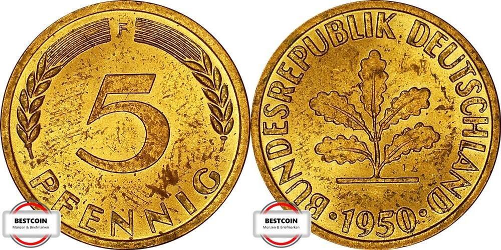 BRD 5 Pfennig 1950 F J 382 - Kursmünze fast STG fleckig | MA-Shops