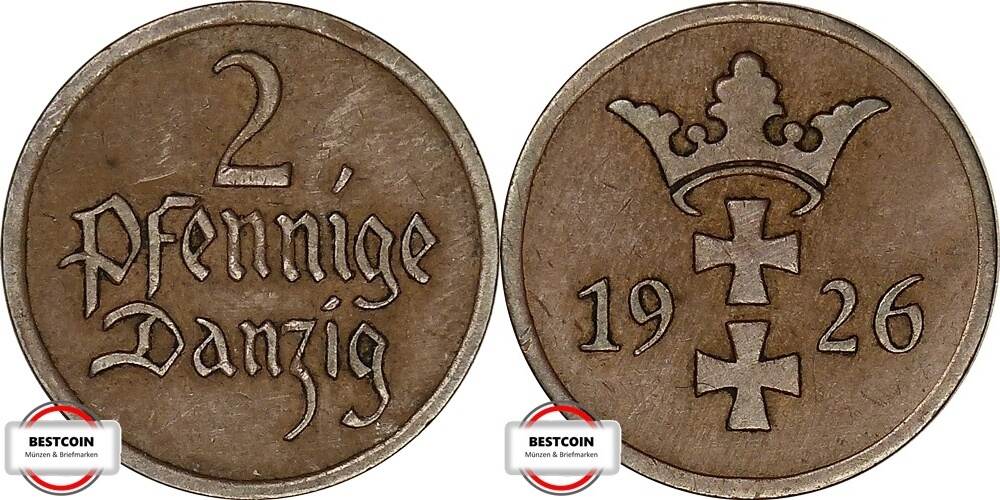 2 Pfennig 1926 J D3 - Ausgabe des Freistaates Danzig SS+ | MA-Shops