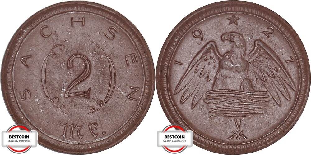 FREISTAAT SACHSEN 2 Mark 1921 J N56 - Porzellanmünze des Freistaates ...