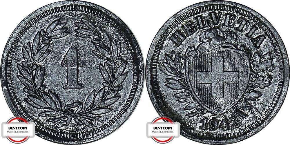 SCHWEIZ 1 Rappen 1942 KM 3a - Kursmünze VZ-STG zamponiert | MA-Shops