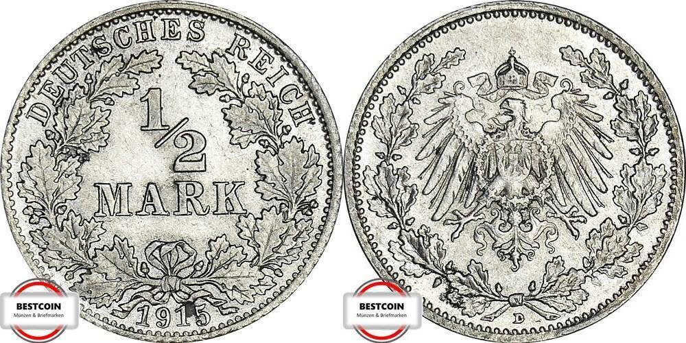 1/2 Mark 1915 D J 16 - Kursmünze aus dem Kaiserreich VZ-STG | MA-Shops