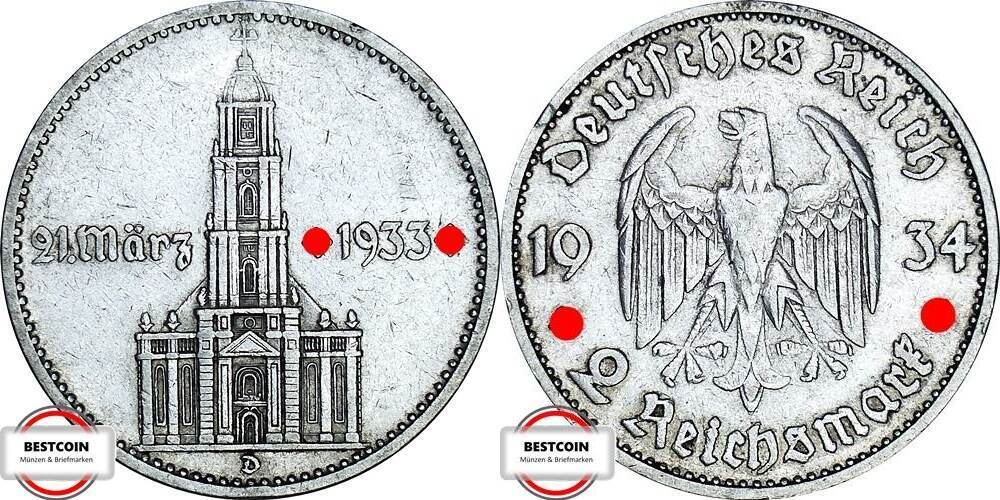 DRITTE REICH 2 Reichsmark 1934 D J 355 - Garnisonkirche von Potsdam ...