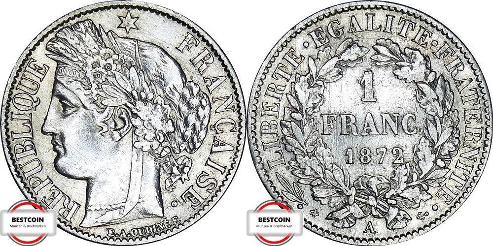 FRANKREICH 1 Franc 1872 A KM 822 - Bildnis der Ceres SS | MA-Shops
