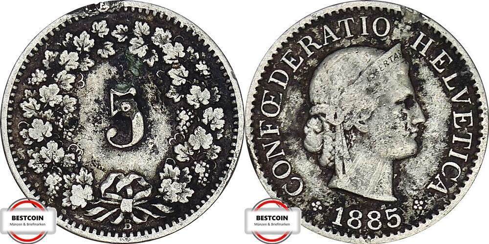 SCHWEIZ 5 RAPPEN 1885 KM 26 - Kursmünze SS Randfehler | MA-Shops