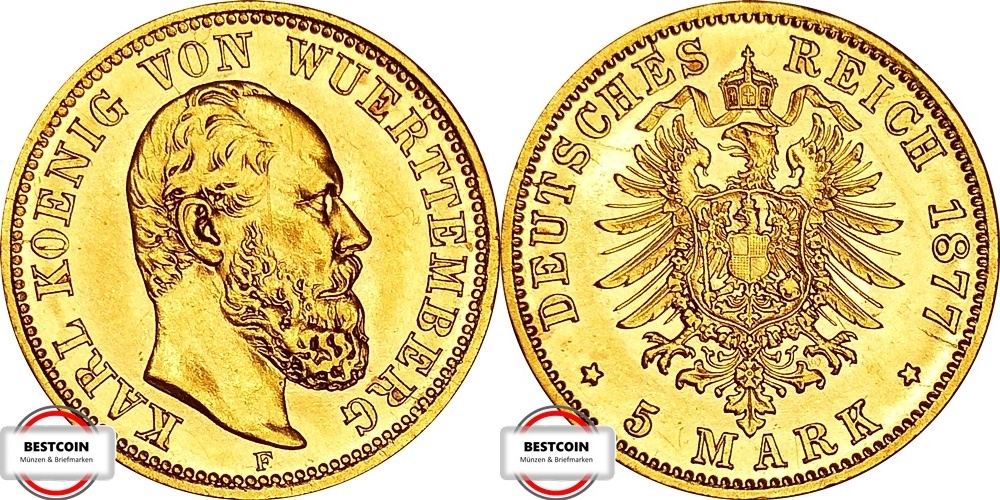 WÜRTTEMBERG 5 Mark 1877 F J 291 - geprägt unter König Karl - TOP fast ...