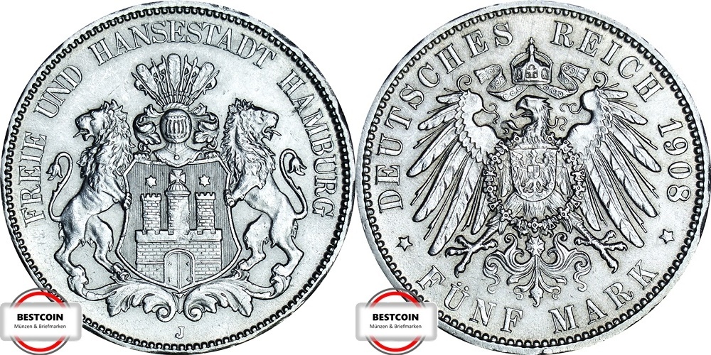 5 Mark 1908 J J 65 - Hamburger Stadtwappen VZ-STG | MA-Shops