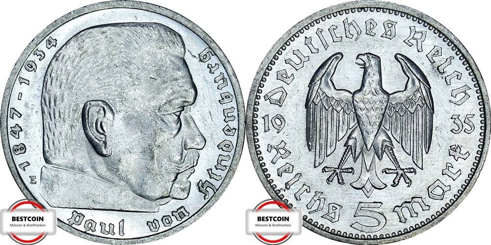 DRITTE REICH 5 Reichsmark 1935 E J 360 - Paul von Hindenburg VZ | MA-Shops