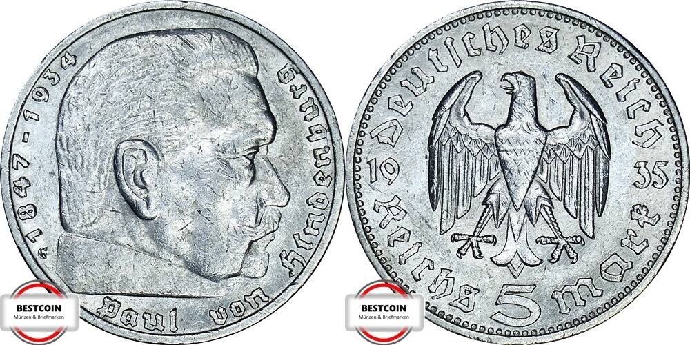DRITTE REICH 5 Reichsmark 1935 G J 360 - Paul von Hindenburg VZ | MA-Shops