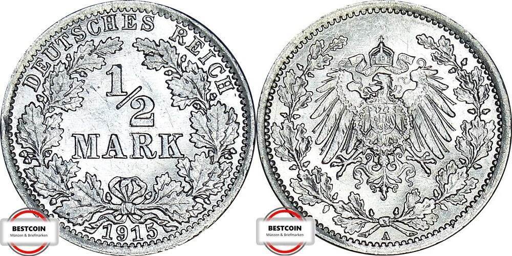 1/2 Mark 1915 A J 16 - Kursmünze aus dem Kaiserreich fast STG | MA-Shops