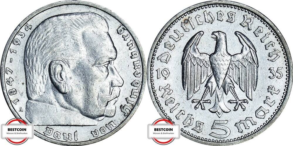 DRITTE REICH 5 Reichsmark 1935 A J 360 - Paul von Hindenburg SS-VZ | MA-Shops