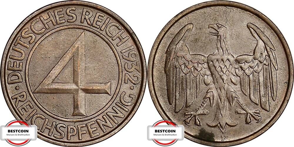 WEIMAR 4 Pfennig 1932 F J 315 - Kursmünze VZ-STG | MA-Shops