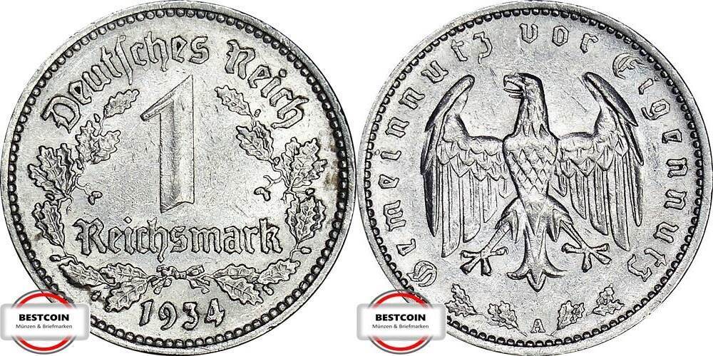 DRITTE REICH 1 Reichsmark 1934 A J 354 - Kursmünze VZ | MA-Shops