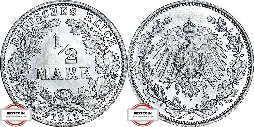 KAISERREICH 1/2 Mark 1915 D J 16 - Kursmünze STG | MA-Shops