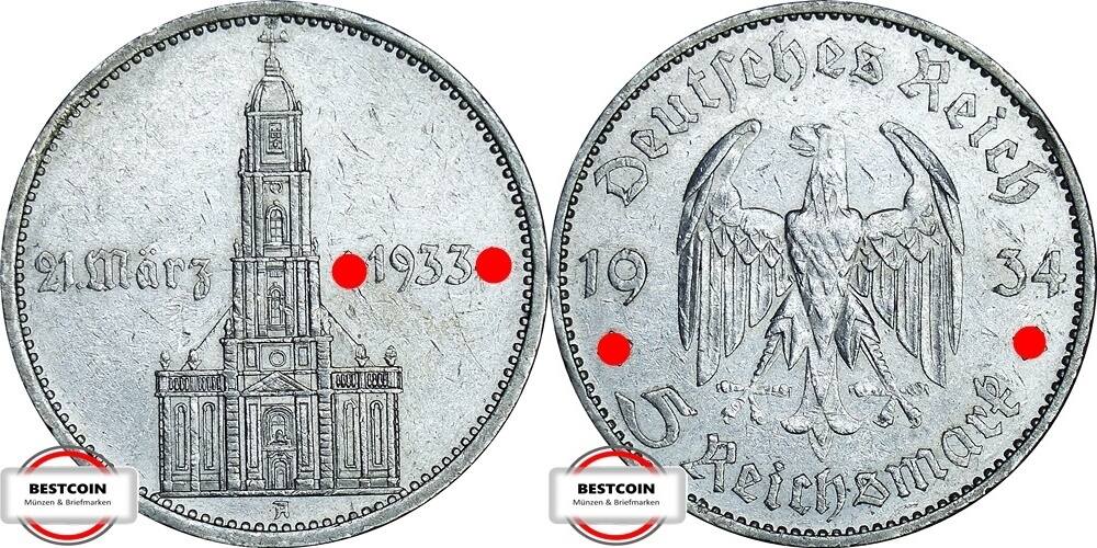 DRITTE REICH 5 Reichsmark 1934 A J 356 - Garnisonkirche - mit Datum SS ...