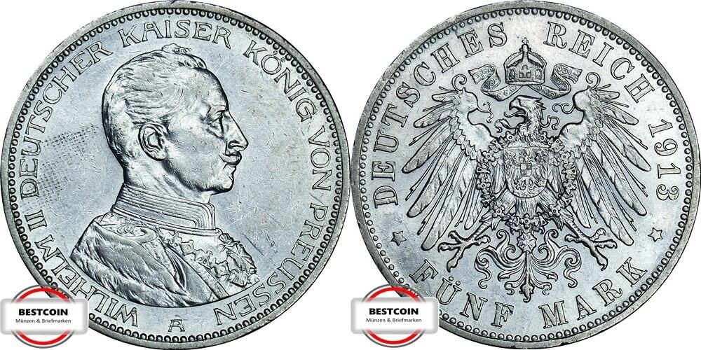PREUßEN 5 Mark 1913 A J 114 - Kaiser Wilhelm II. VZ | MA-Shops