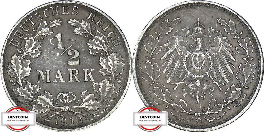 KAISERREICH 1/2 Mark 1918 G J 16 - Kursmünze SS Belag | MA-Shops