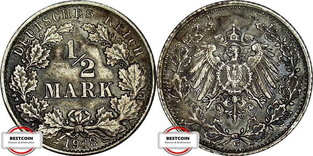 KAISERREICH 1/2 Mark 1918 G J 16 - Kursmünze SS geschwärzt | MA-Shops