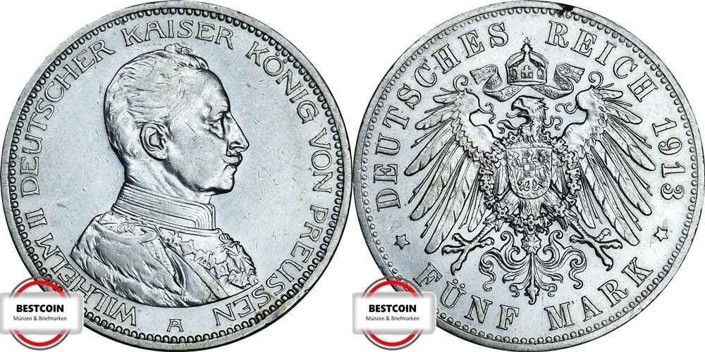 PREUßEN 5 Mark 1913 A J 114 - Kaiser Wilhelm II. fast VZ | MA-Shops