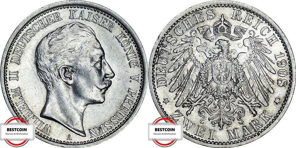PREUßEN 2 Mark 1908 A J 102 - Kaiser Wilhelm II. VZ | MA-Shops