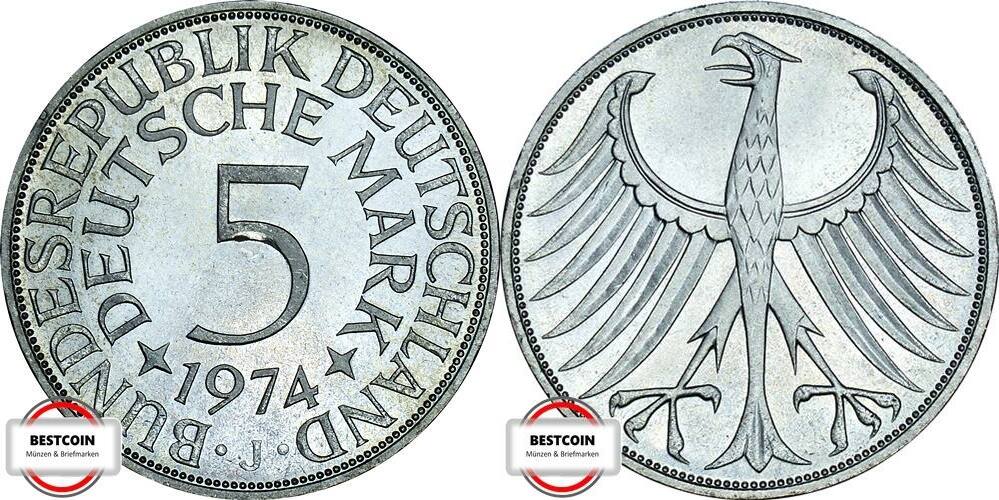 BRD 5 DM 1974 J J 387 - Silberfünfer VZ-STG | MA-Shops