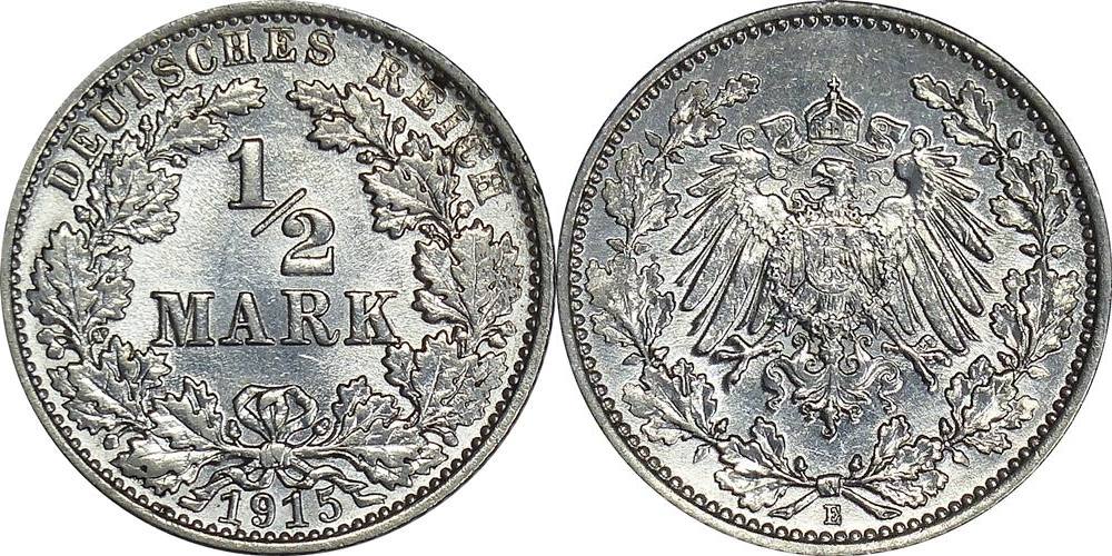 DEUTSCHLAND 1/2 Mark 1915 E J 16 - Kursmünze aus dem Kaiserreich VZ+ | MA-Shops