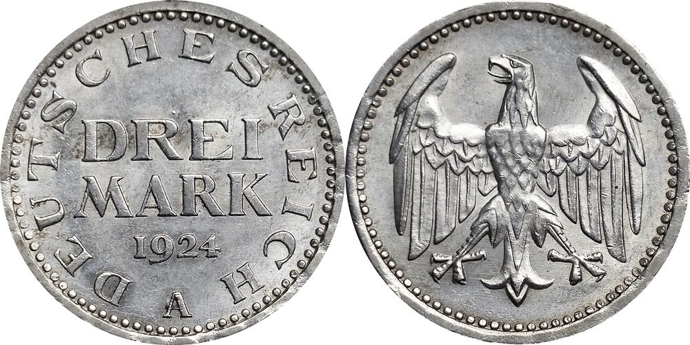 WEIMARER REPUBLIK 3 Mark 1924 A J 312 - Kursmünze VZ-STG | MA-Shops