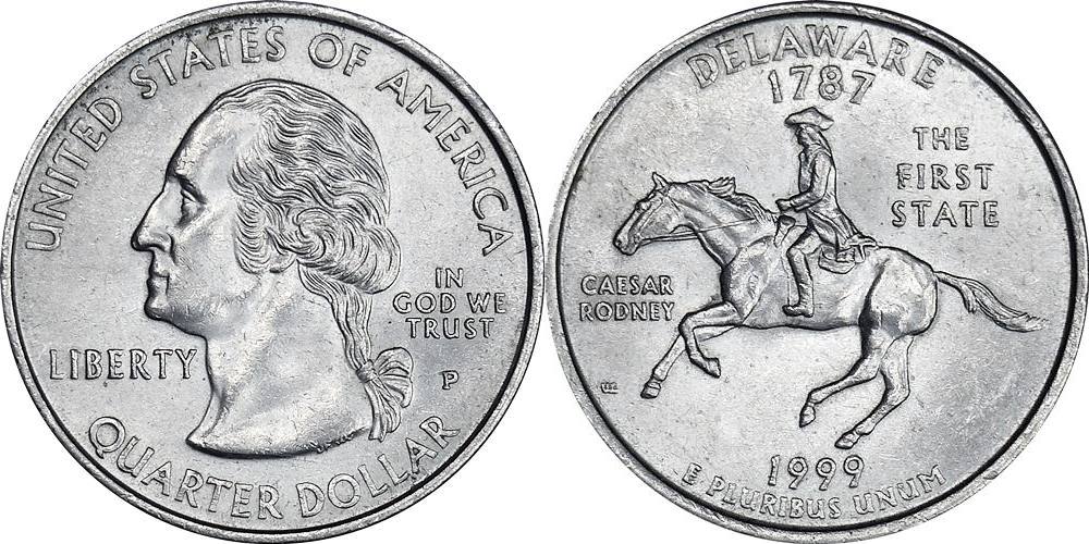 USA Quarter Dollar 1999 P KM 293 - George Washington + Caesar Rodney ...