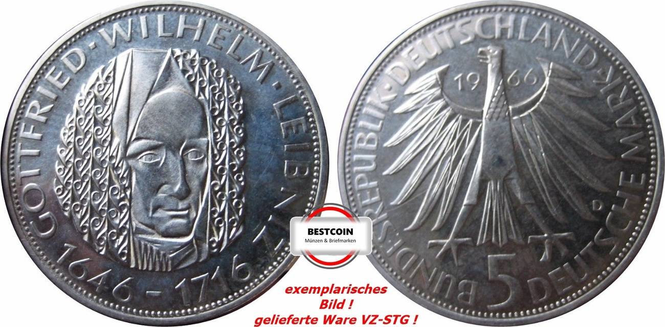 BRD 5 DM 1966 D J 394 Gottfried Wilhelm Leibnitz VZ-STG, UNC | MA-Shops BRD 5 DM 1966 D J 394 Gottfried Wilhelm Leibnitz VZ-STG, UNC | MA-Shops