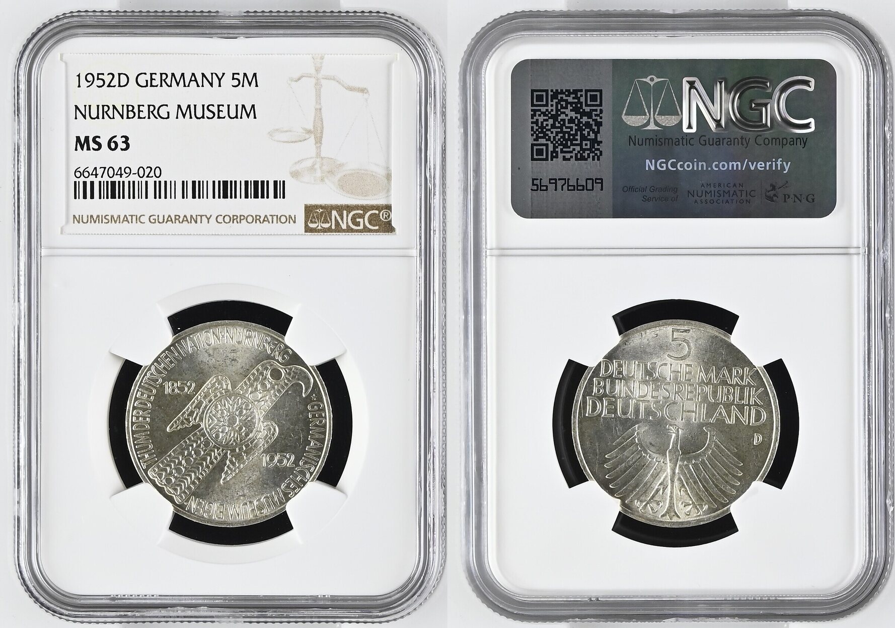 GERMANY 5 Mark 1952D J 388 - Germanisches Museum NGC MS 63 | MA-Shops