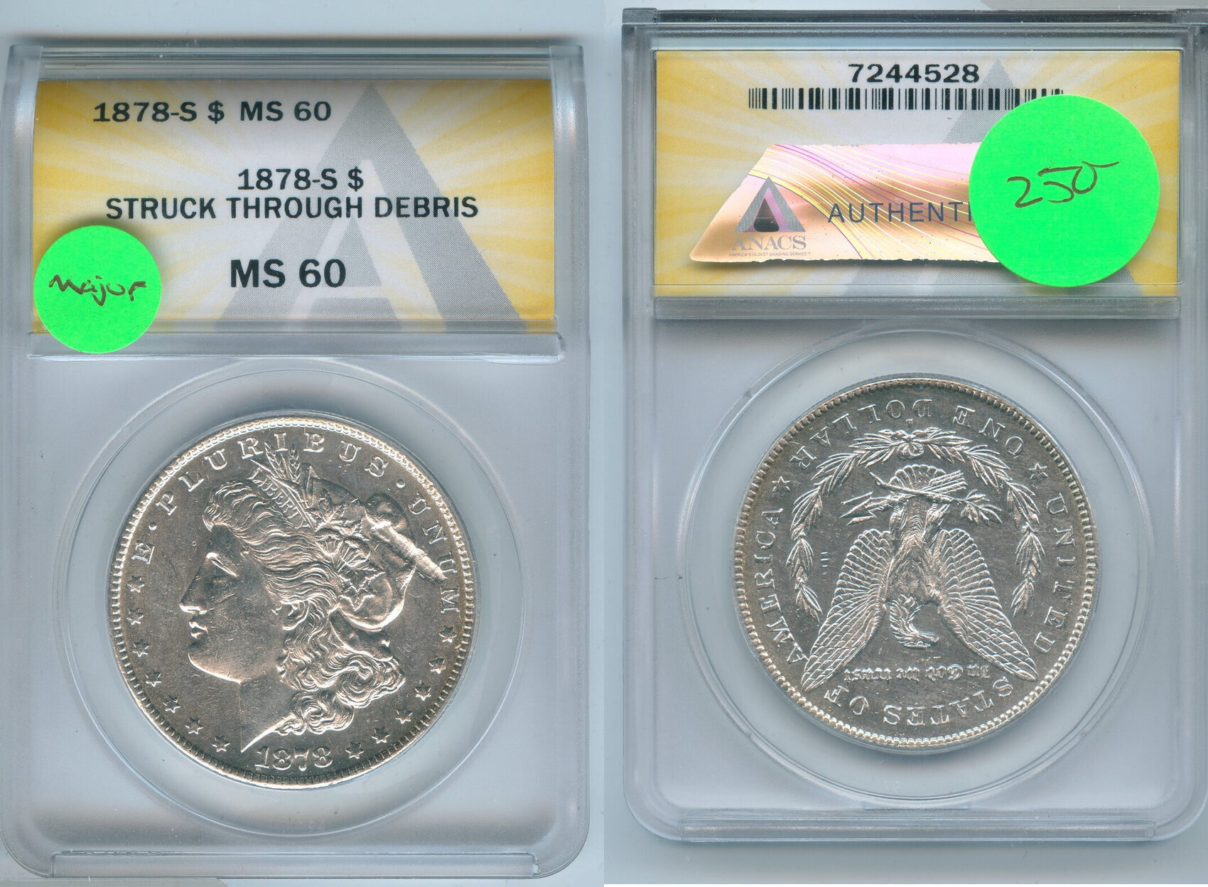 USA Morgan Dollar 1878-S ANACS MS60 Struck Through Debris Silver Coin ...