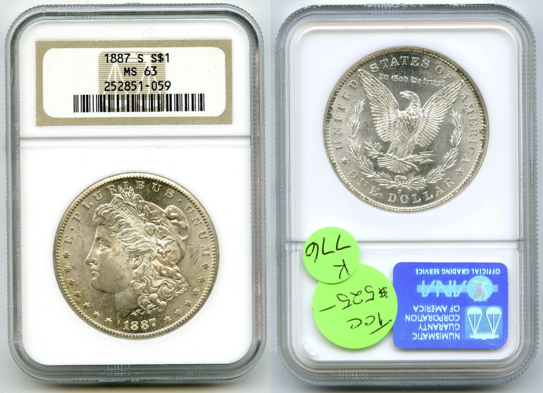 USA Dollar 1887-S Morgan Silver NGC MS63 Certified - San Francisco Mint ...