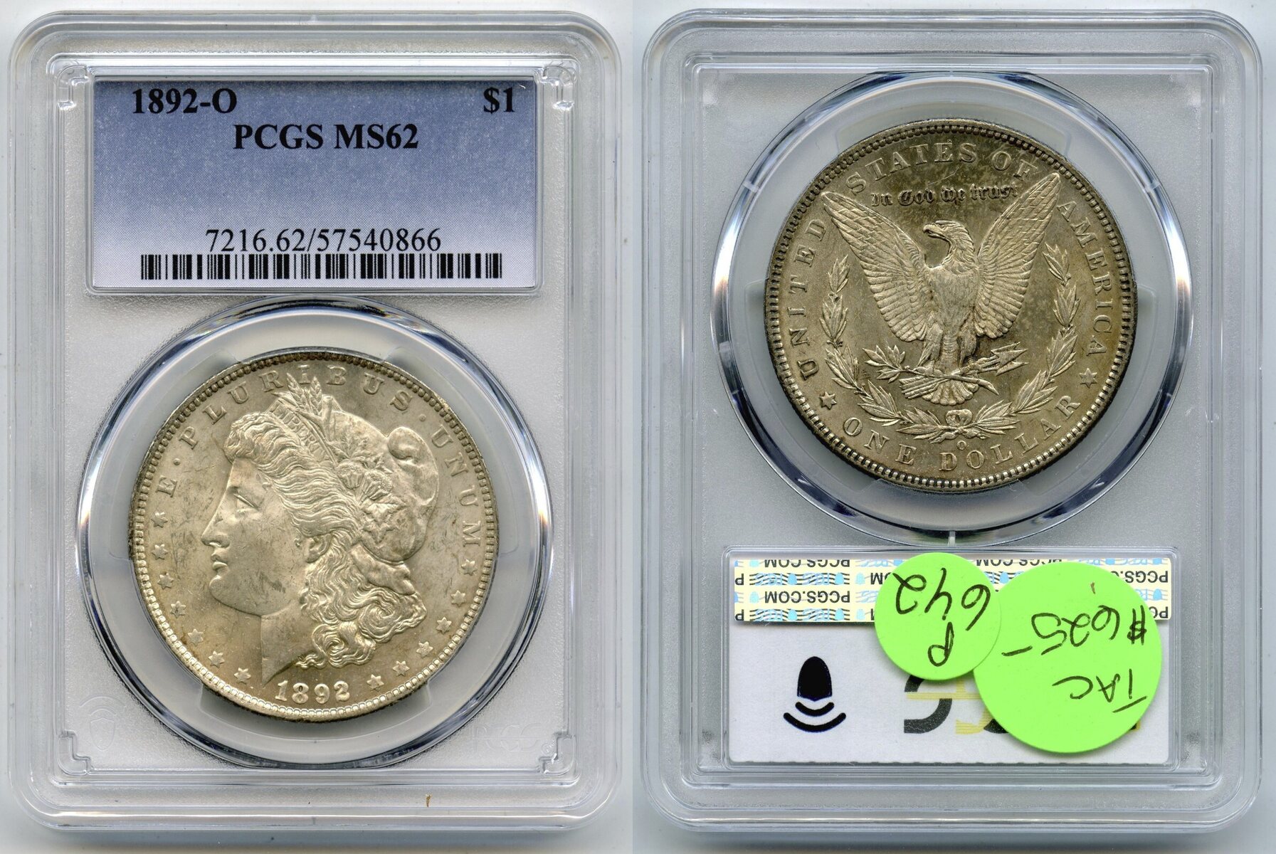 USA Dollar 1892-O Morgan Silver PCGS MS62 Certified - New Orleans Mint ...