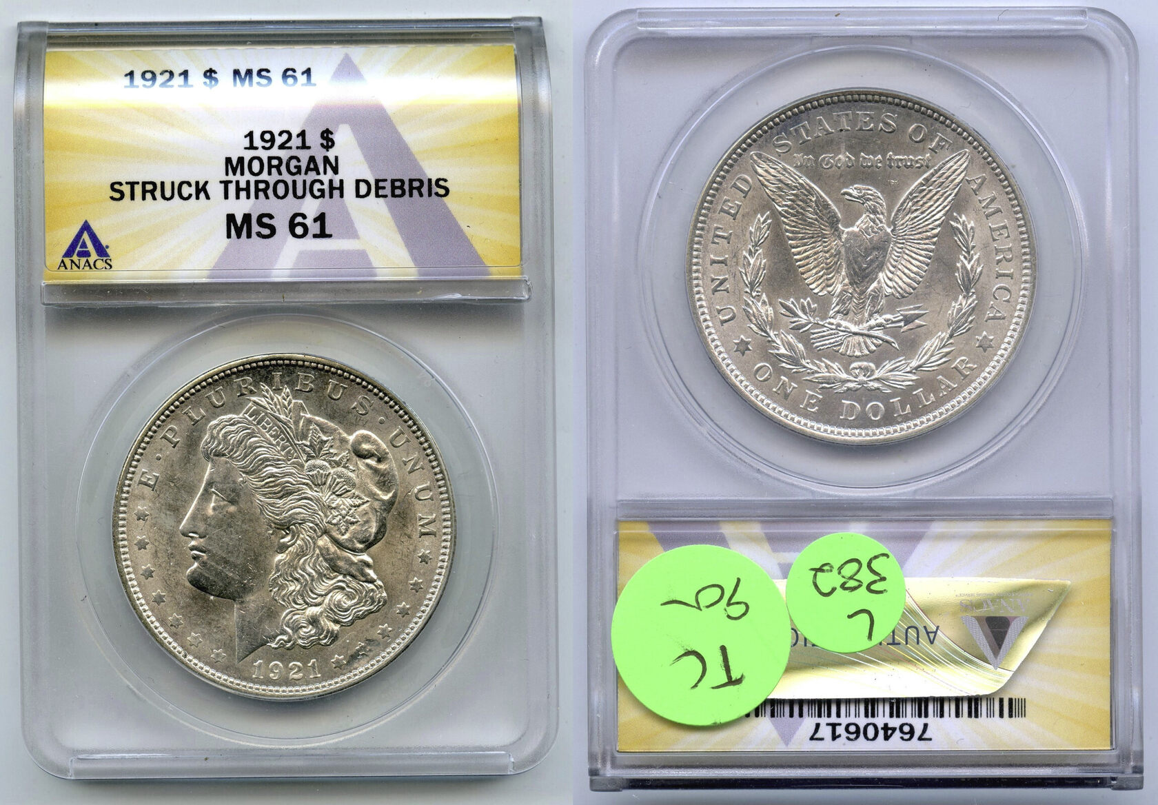 USA Dollar 1921 Morgan Silver ANACS MS 61 Struck Through Debris - L382 ...
