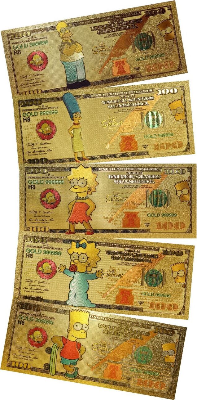 USA Banknoten Lot of 5 The Simpsons Homer Bart Lisa Marge Maggie Gold ...