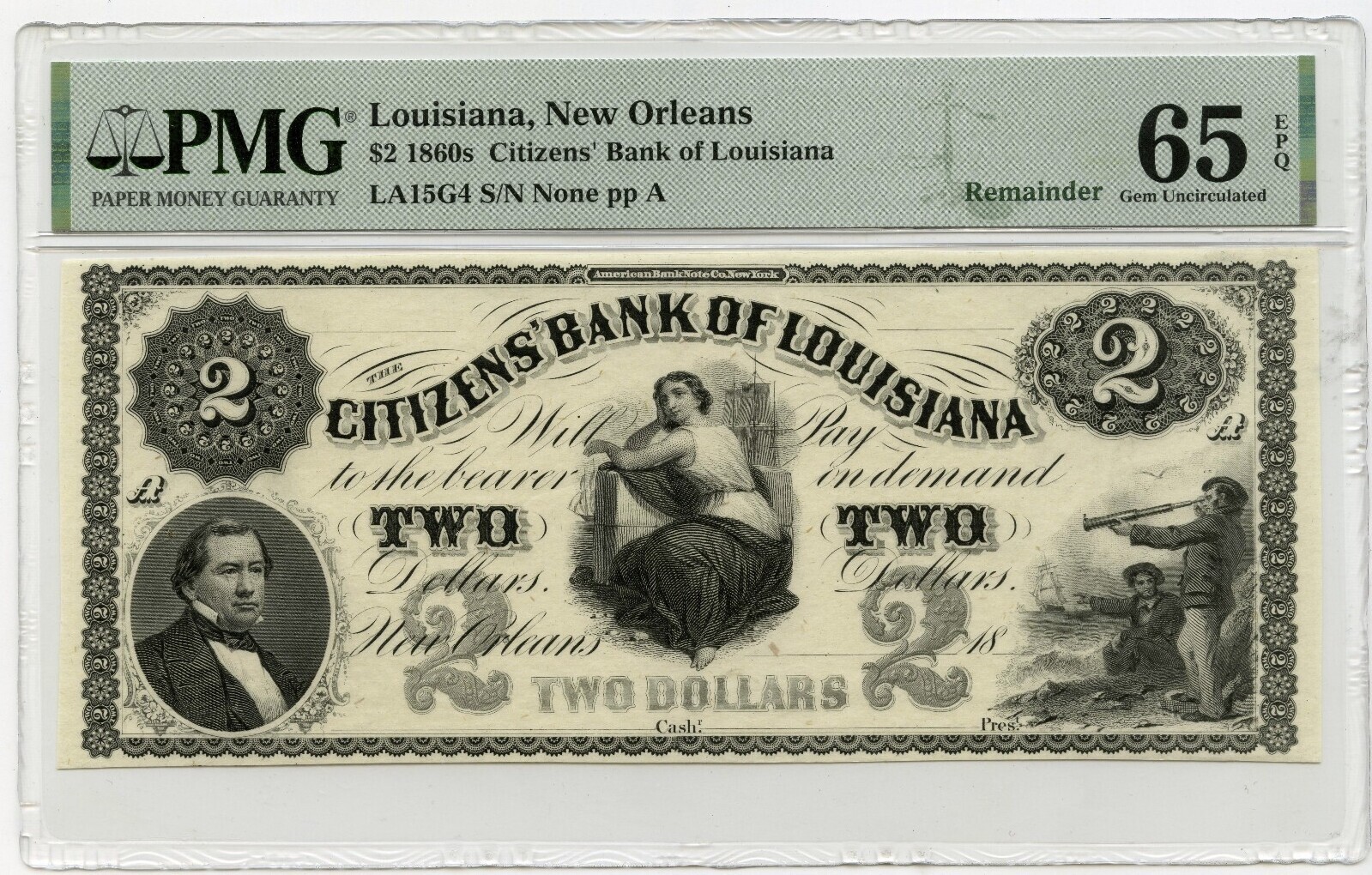 USA 1860s $2 Citizens Bank Louisiana Currency Note PMG 65 EPQ Gem Unc ...