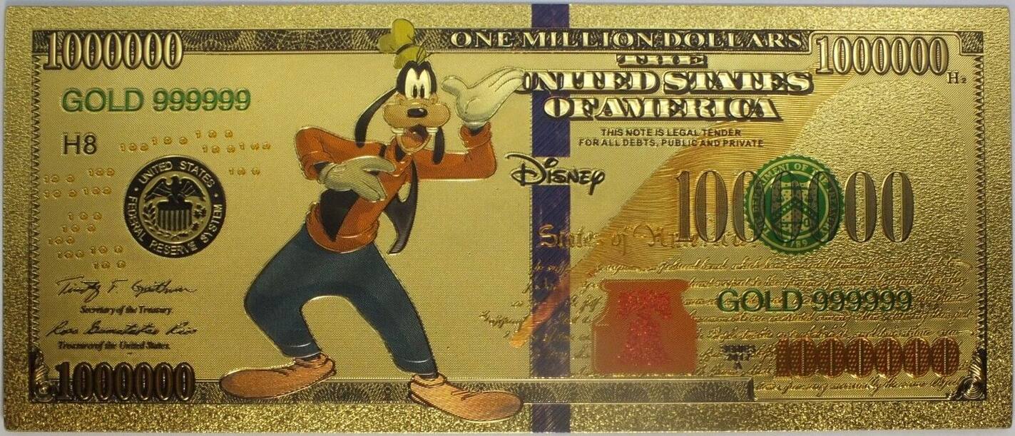 USA Goofy Goof Walt Disney $1000000 Note Novelty 24K Gold Foil Plated ...