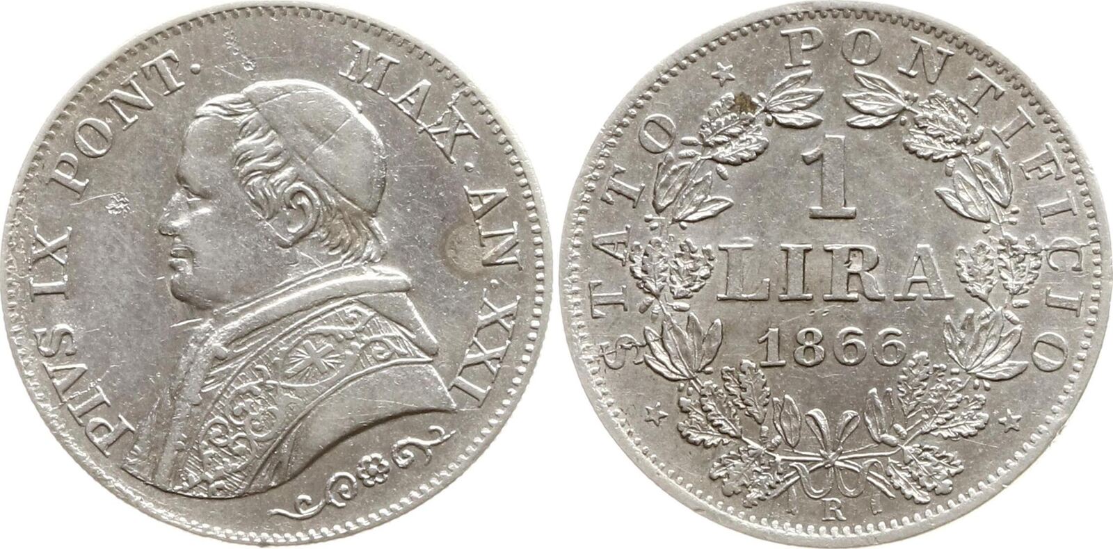 Vatikan 1 Lira 1866 R Pius IX., 1846 - 1878, Typ mit kleinem Kopf Sehr schön - vorzüglich, min ...