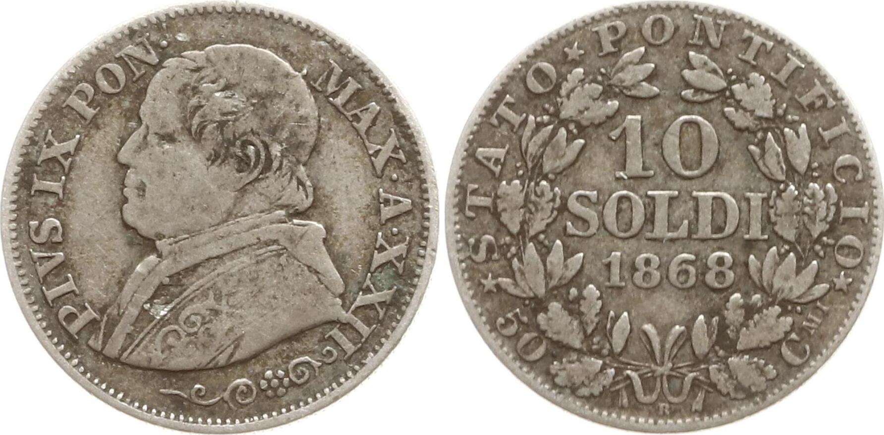Vatikan 10 Soldi 1868 R Pius IX., 1846 - 1878, An XXII Sehr schön, feine Patina | MA-Shops