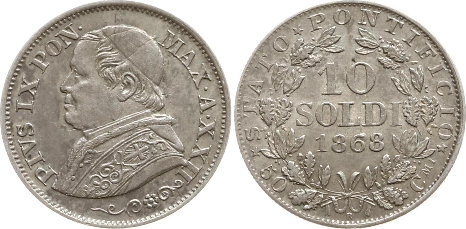 Vatikan 10 Soldi 1868 R Pius IX., 1846 - 1878, An XXII Fast vorzüglich | MA-Shops