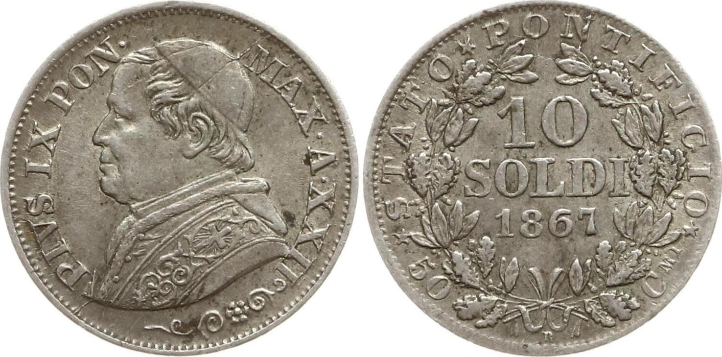 Vatikan 10 Soldi 1867 R Pius IX., 1846 - 1878, An XXII Besser als sehr schön | MA-Shops