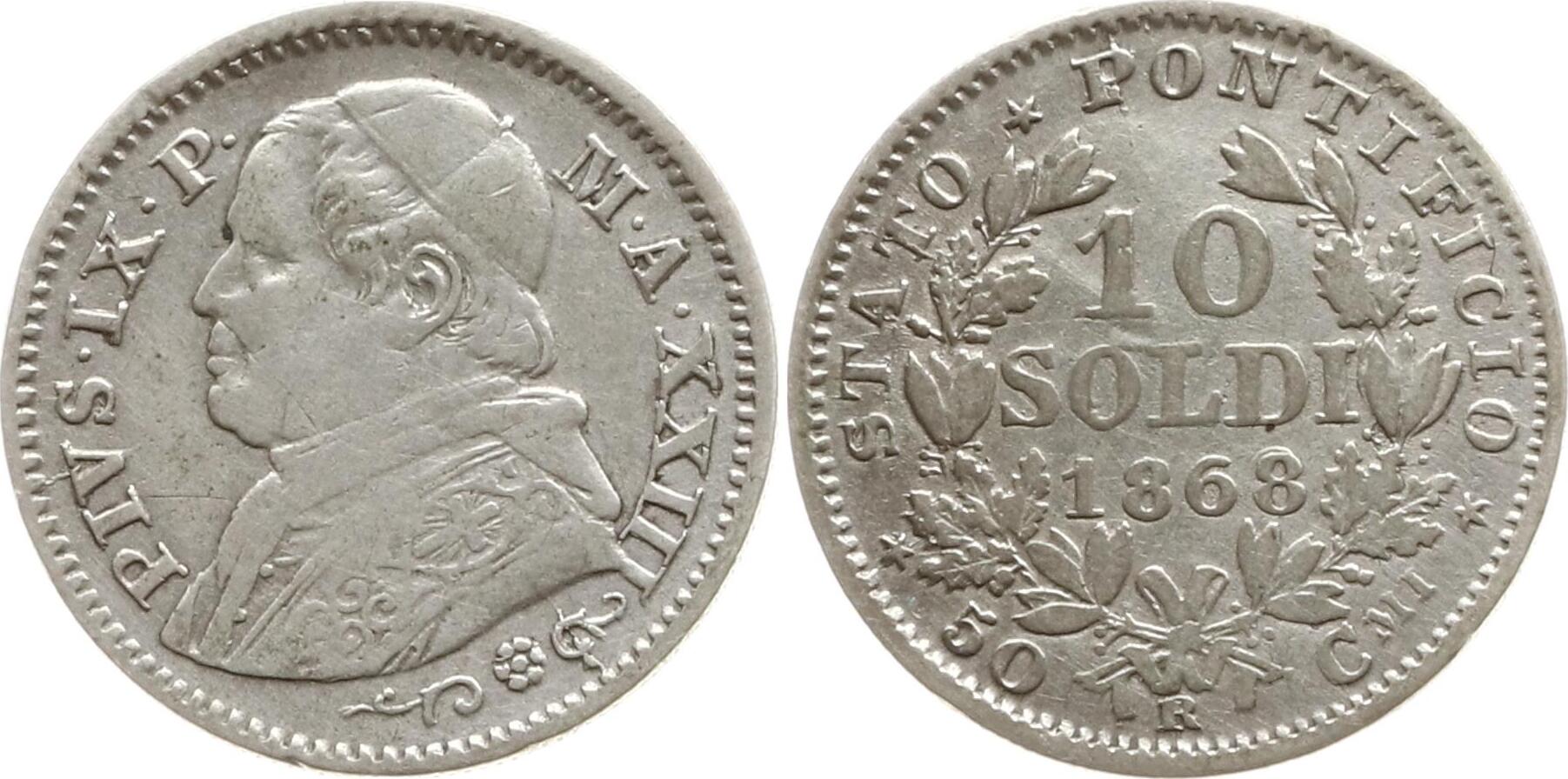 Vatikan 10 Soldi 1868 R Pius IX., 1846 - 1878, An XXIII, großes R Sehr schön | MA-Shops