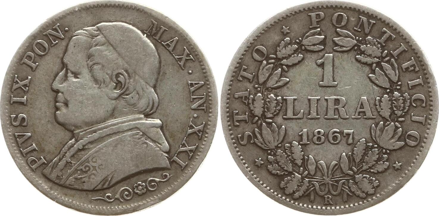 Vatikan 1 Lira 1867 R, An XXI Pius IX., 1846 - 1878 Sehr schön | MA-Shops