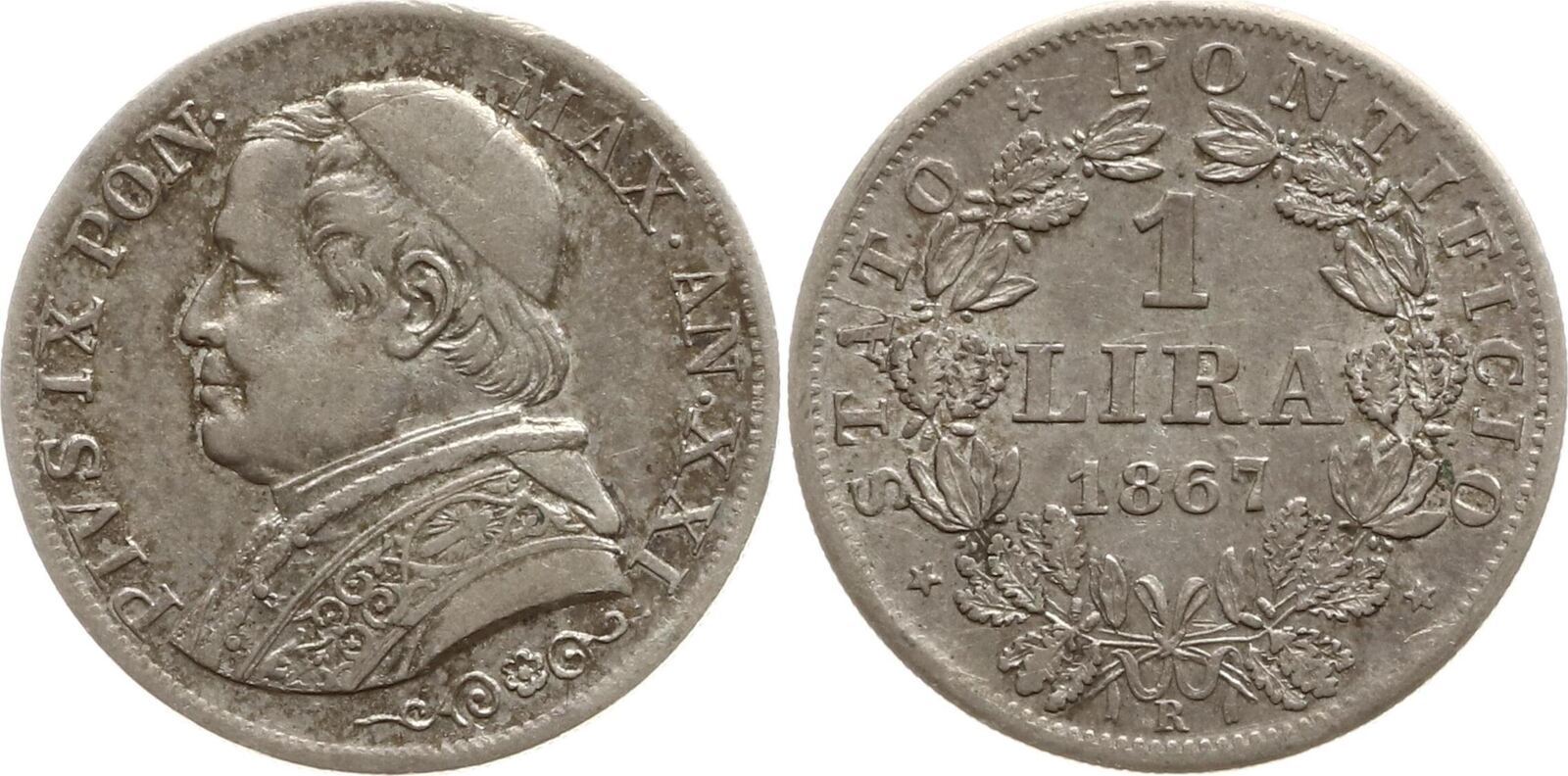 Vatikan 1 Lira 1867 R, An XXI Pius IX., 1846 - 1878 Sehr schön - vorzüglich | MA-Shops