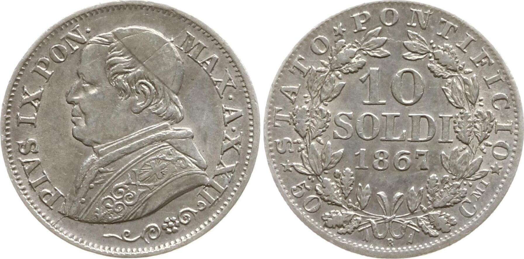 Vatikan 10 Soldi 1867 R Pius IX., 1846 - 1878, An XXII Besser als sehr schön | MA-Shops