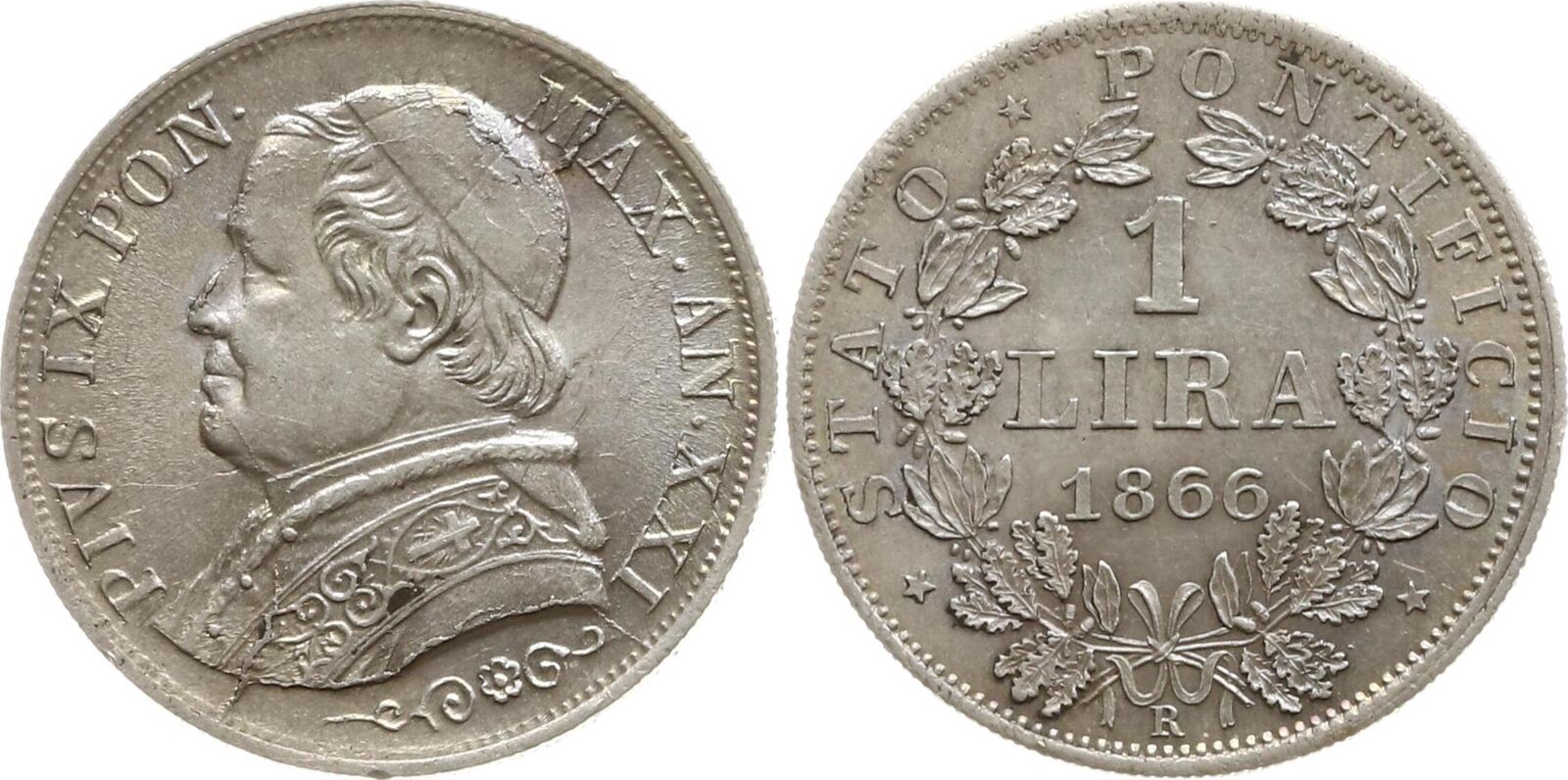 Vatikan 1 Lira 1866 R Pius IX., 1846 - 1878, Typ mit großem Kopf Besser als vorzüglich, min ...