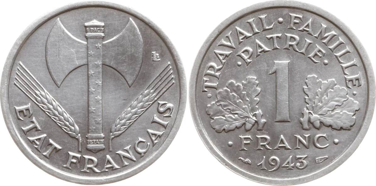 Frankreich, État Francais 1 Franc 1943 Bazor, Aluminium Vorzüglich, min ...