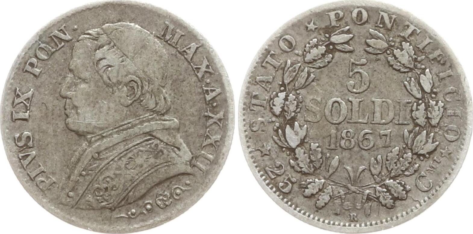 Vatikan 5 Soldi 1867 R Pius IX., 1846 - 1878, An XXII. Sehr schön, kl. Fleck | MA-Shops